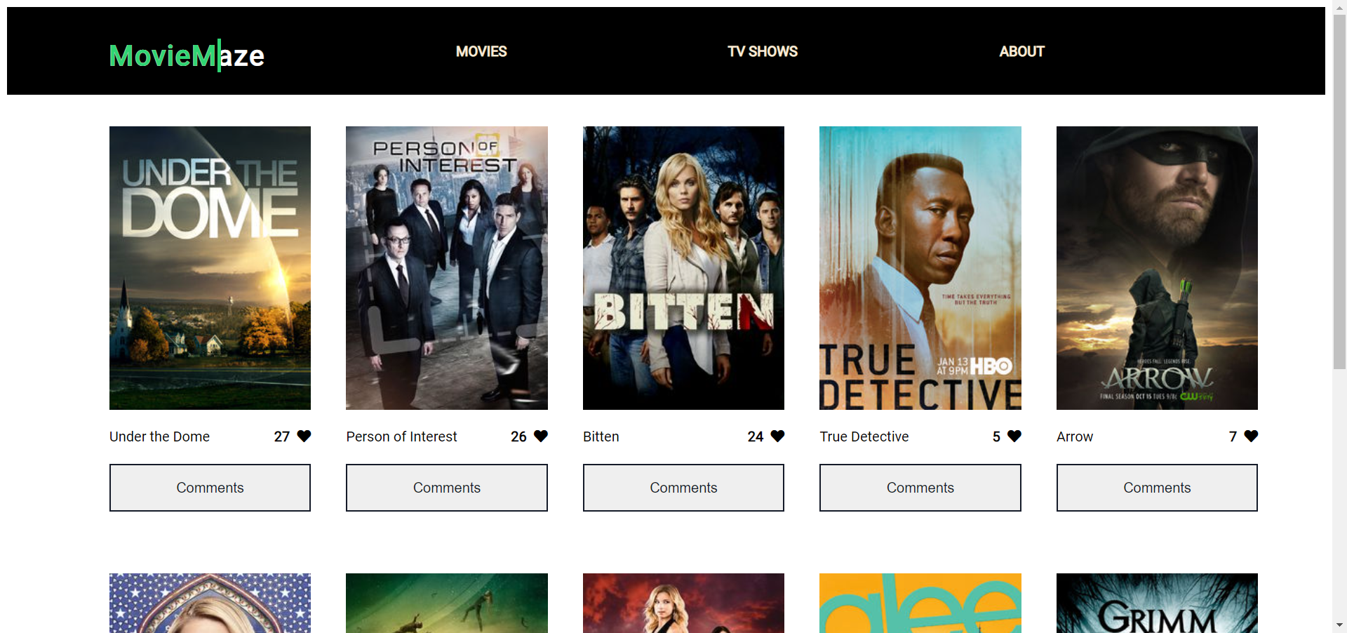 MovieMazeapi_CapStone | This Webapp The Cinema of Movies displays a list of shows. The user is ...